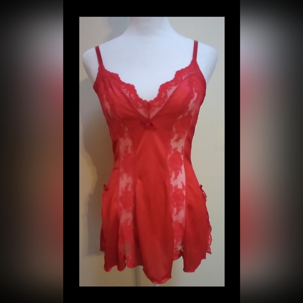 Vintage Lingerie Red Satin Like And Lace Teddy/Babydo… - Gem